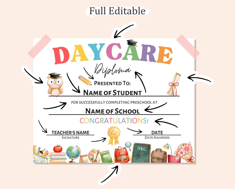 Editable Daycare Graduation Diploma Certificate (PDF) - Etsy