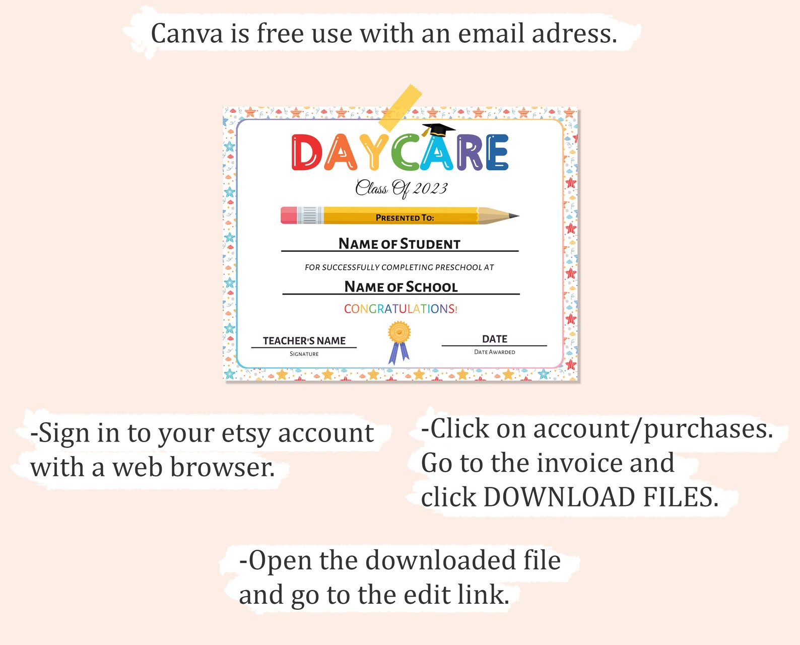 Editable Daycare Graduation Diploma: Printable Certificate (PDF) - Etsy