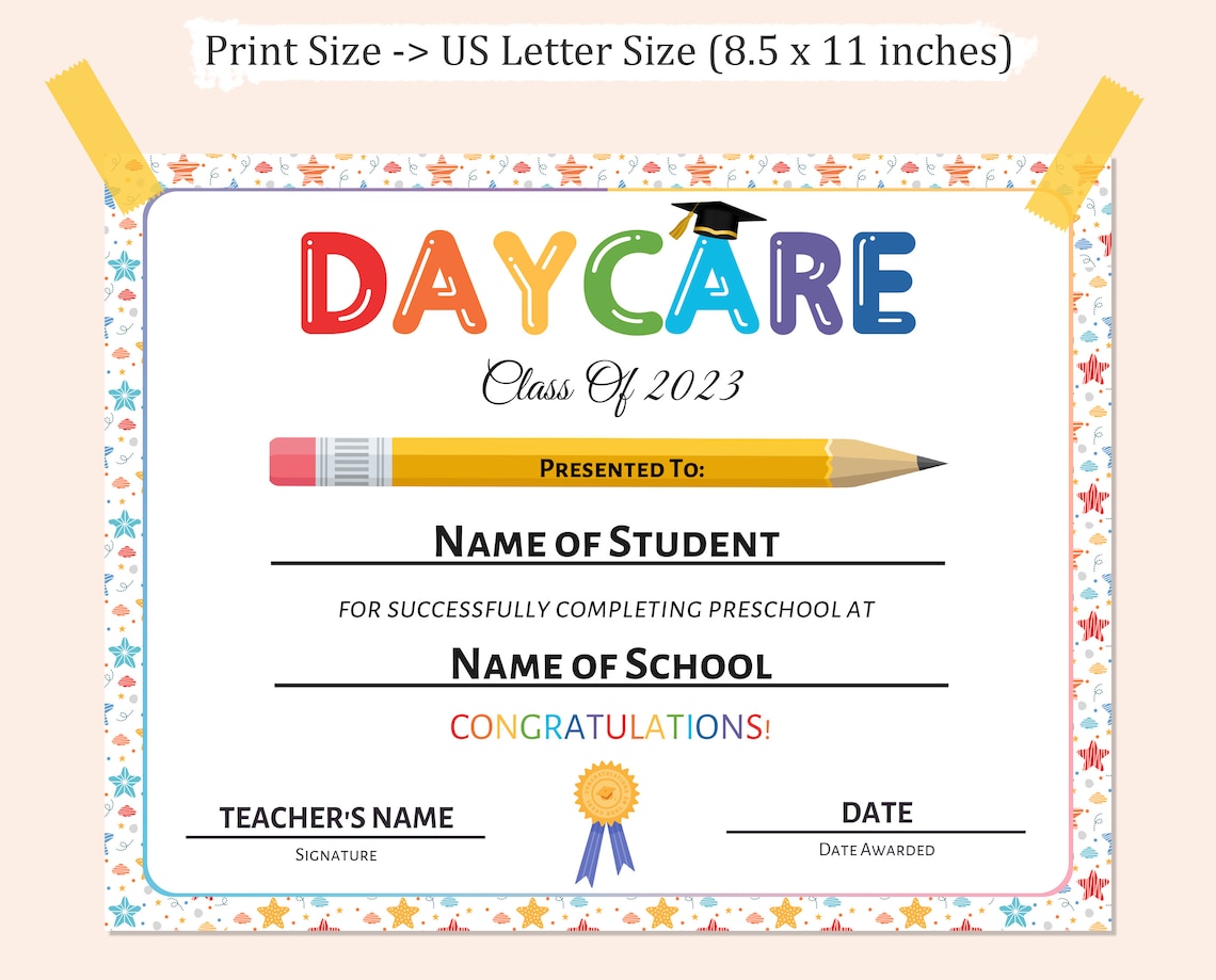 Editable Daycare Graduation Diploma: Printable Certificate (PDF) - Etsy