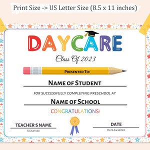 Editable Daycare Graduation Diploma: Printable Certificate (PDF) - Etsy