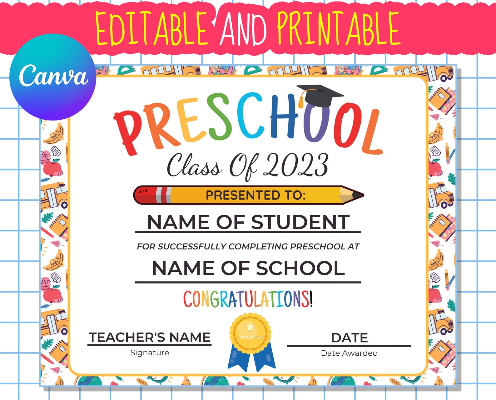 Editable PRESCHOOL GRADUATION Certificate, Preschool Diploma, Last Day ...