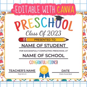 Editable PRESCHOOL GRADUATION Certificate, Preschool Diploma, Last Day ...