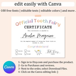 Editable Tooth Fairy Certificate Template: First Lost Tooth (digital ...