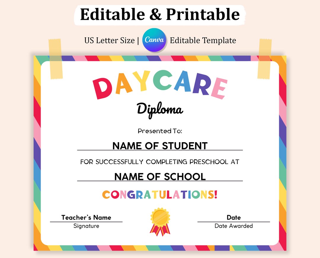 Editable DAYCARE DIPLOMA Template, Daycare Graduation Certificate ...