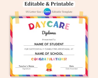 Editable DAYCARE GRADUATION DIPLOMA, Printable Daycare Certificate ...