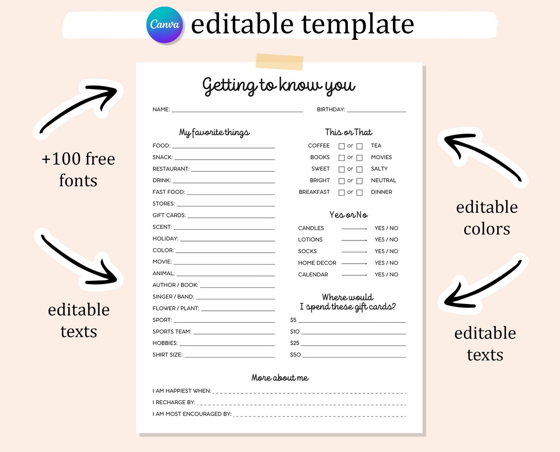 Getting to Know You Survey: Editable Printable Worksheet (US Letter, A4 ...