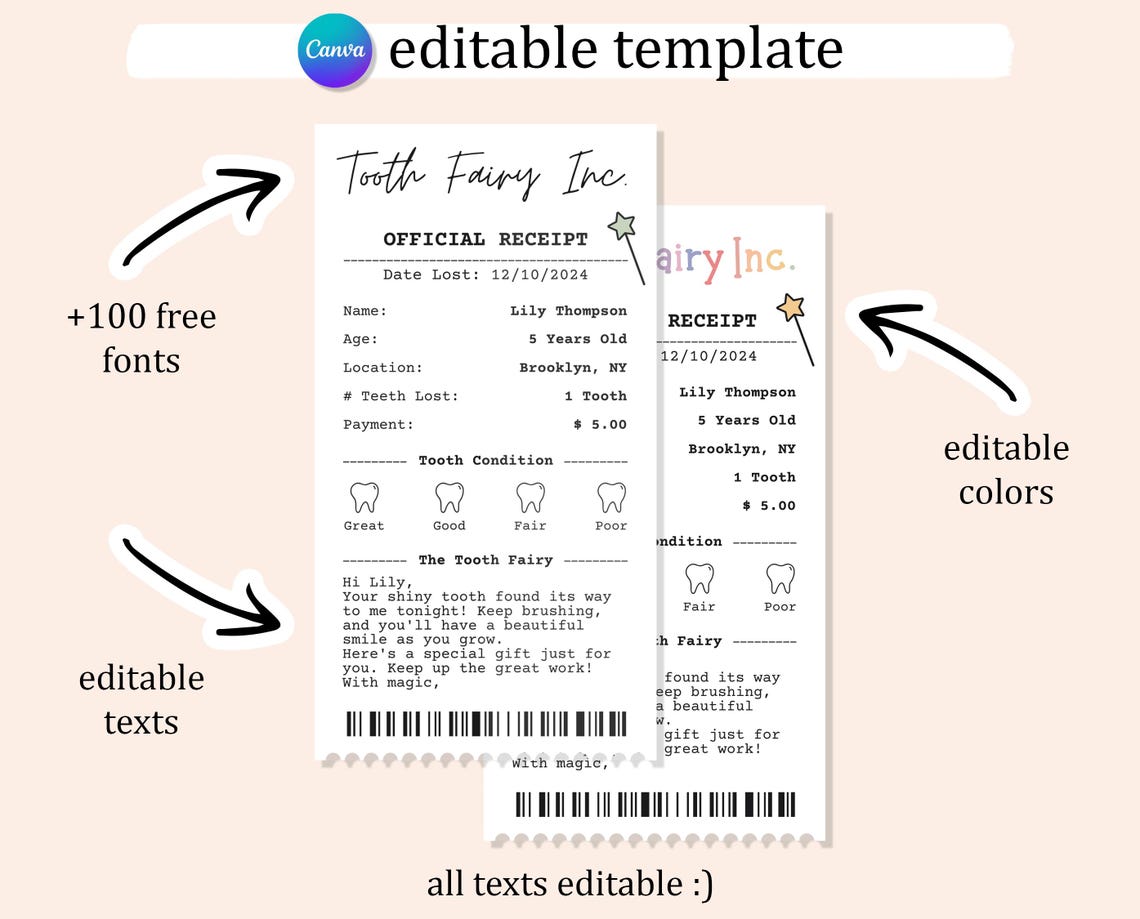Editable TOOTH FAIRY RECEIPT Printable Certificate, Tooth Fairy Letter ...