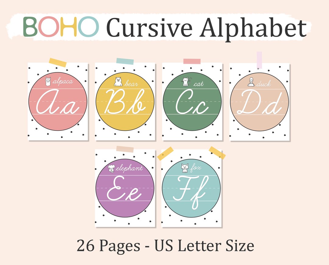 BOHO CURSIVE ALPHABET, Printable Cursive Alphabet Posters, Neutral ...
