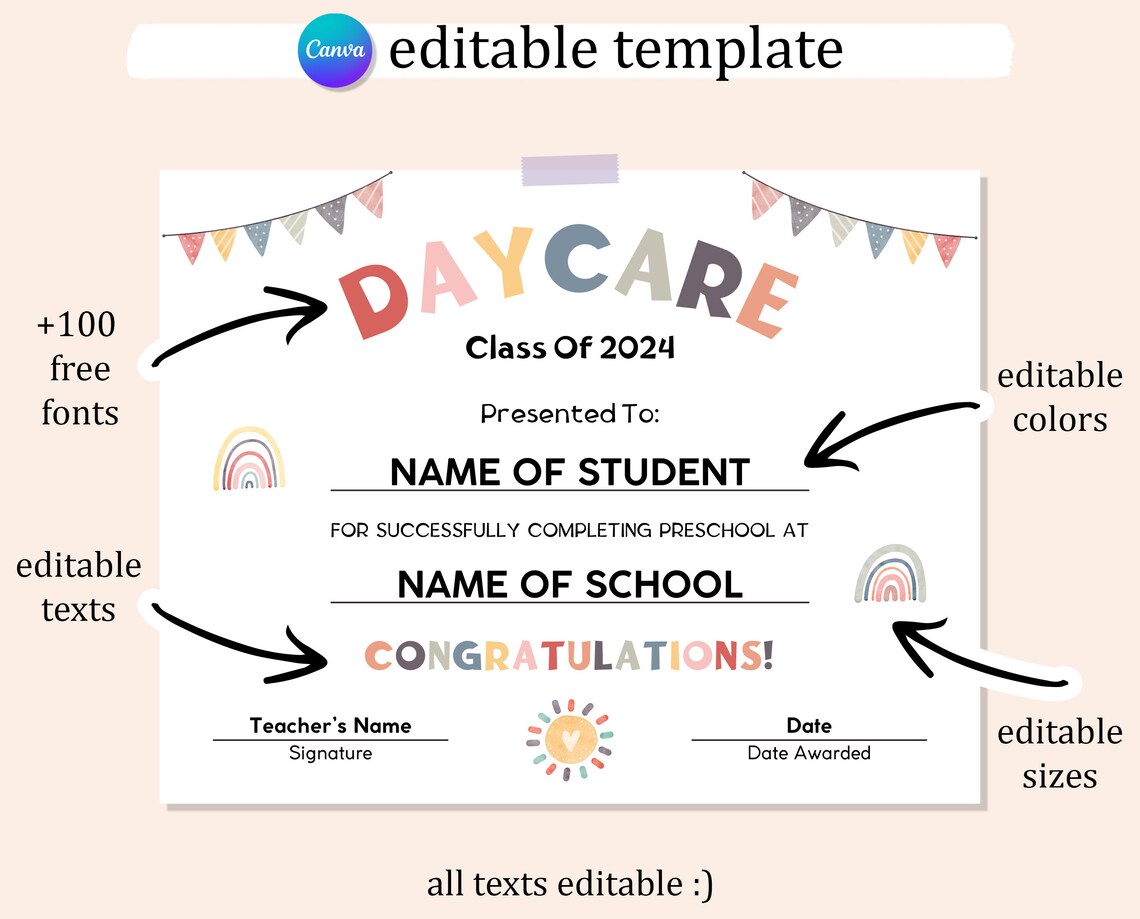 Editable Daycare Graduation Certificate Template (PDF) - Etsy