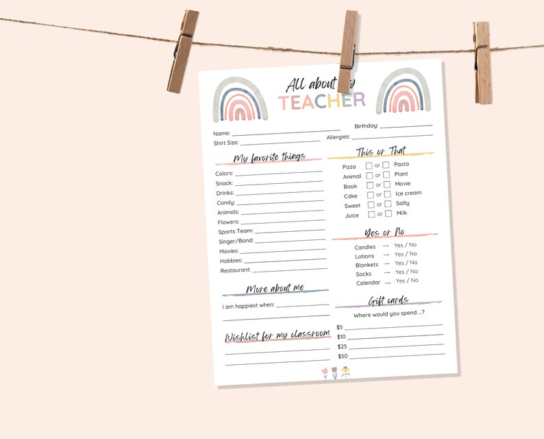 All About My Teacher Questionnaire: Editable Teacher Survey (PDF) - Etsy