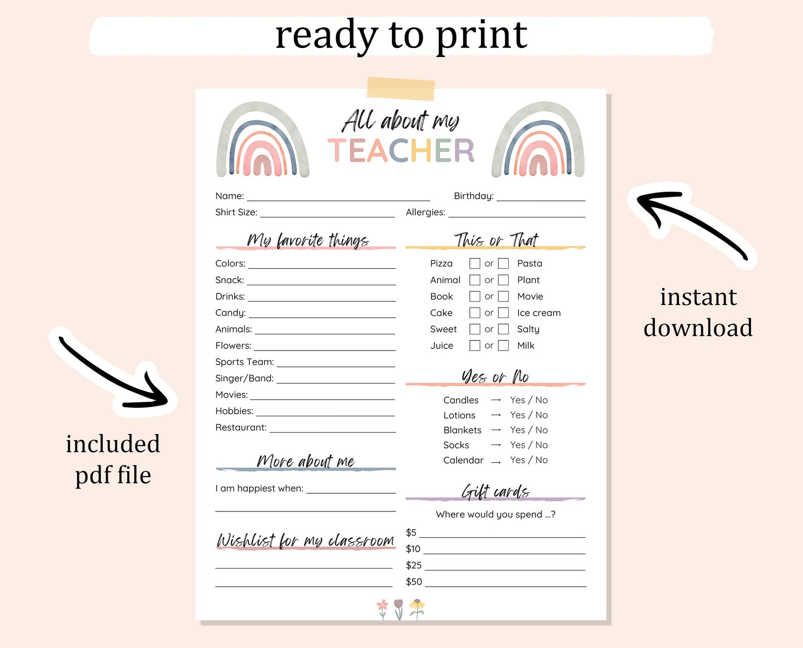Editable ALL ABOUT My TEACHER Questionnaire, Teacher Favorites ...