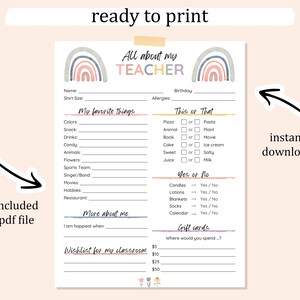 All About My Teacher Questionnaire: Editable Teacher Survey (PDF) - Etsy
