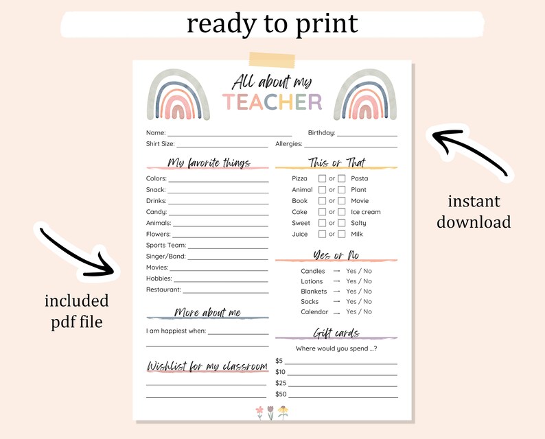 Editable ALL ABOUT My TEACHER Questionnaire, Teacher Favorites ...