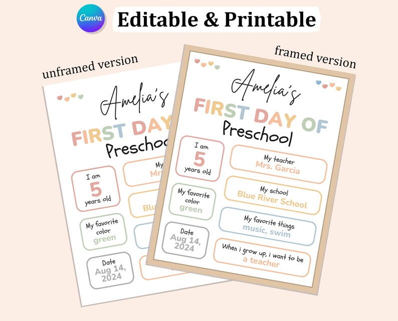 Editable First Day of School Sign: Printable Keepsake (PDF) - Etsy