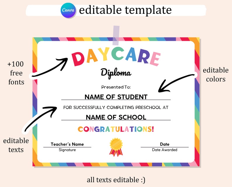 Editable Daycare Graduation Diploma Template (canva) - Etsy