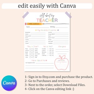 Editable TEACHER FAVORITES Things, Printable All About My Teacher ...