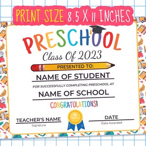 Editable PRESCHOOL GRADUATION Certificate, Preschool Diploma, Last Day ...