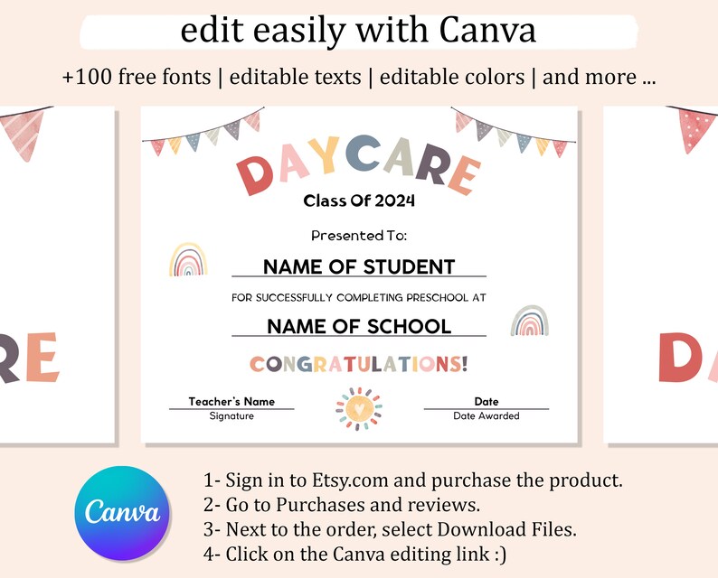 Editable Daycare Graduation Certificate Template (PDF) - Etsy