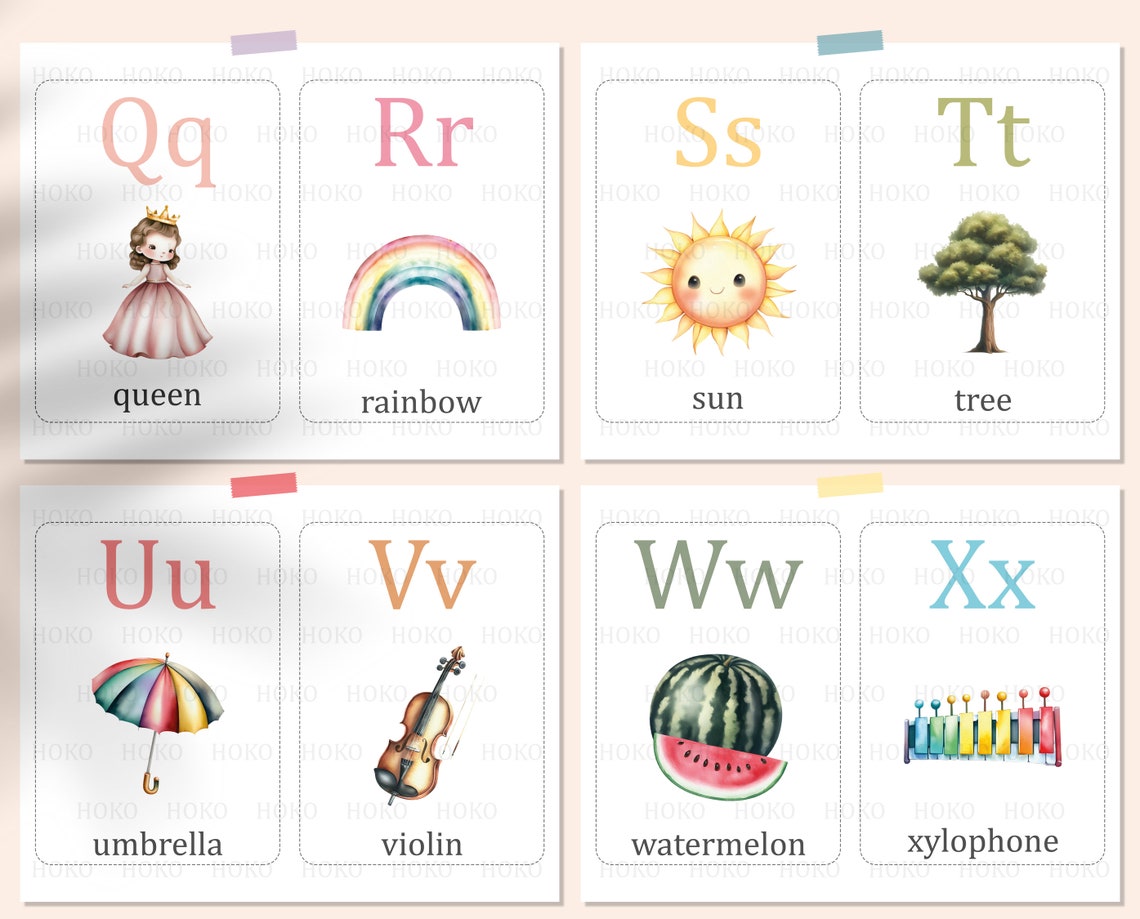 Watercolor ALPHABET FLASH CARDS, Digital Printable Alphabet Learning ...