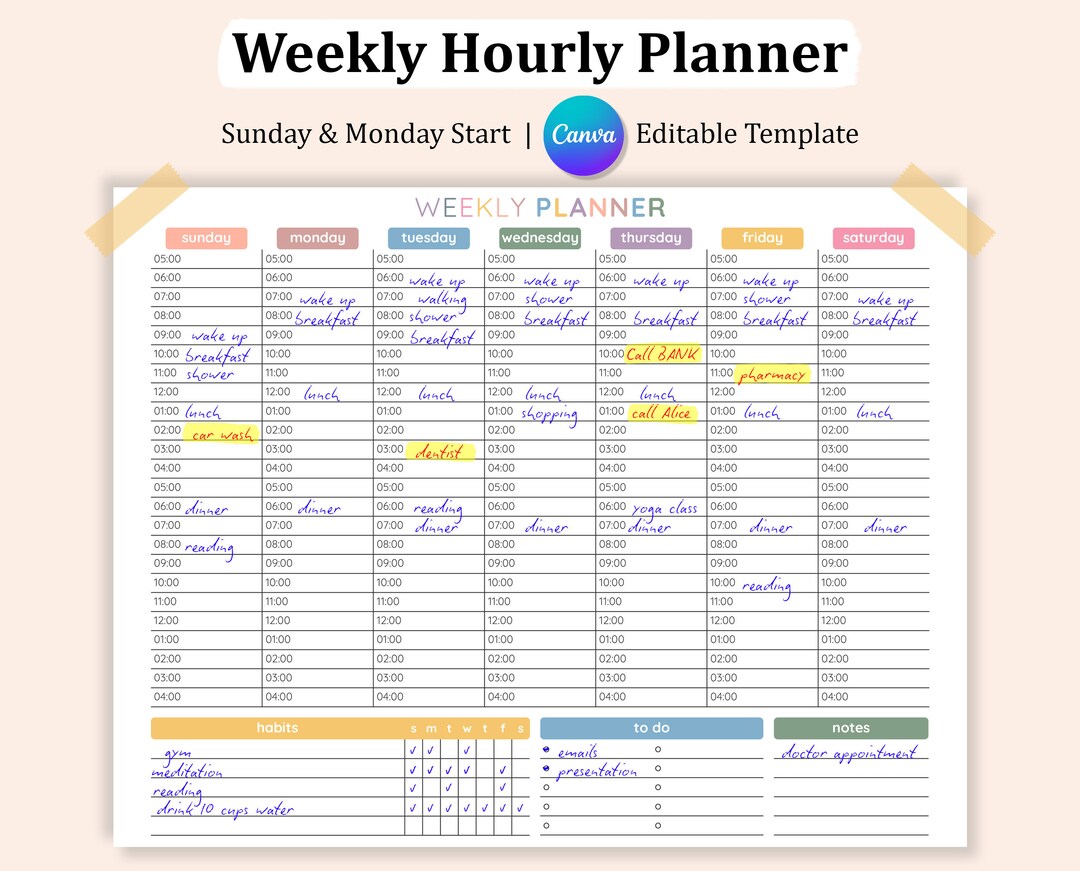 Editable Week at A Glance, Weekly Hourly Planner Printable, to Do List ...