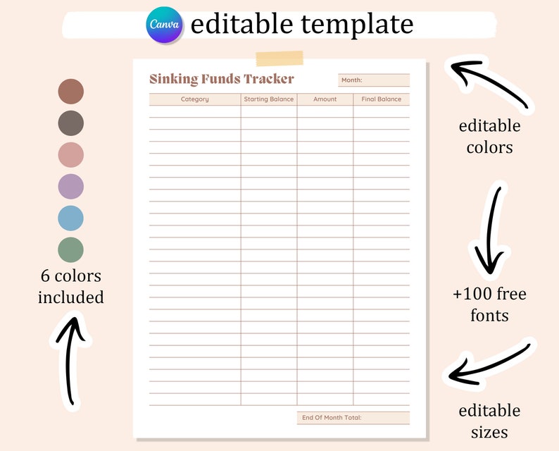 Editable Sinking Funds Tracker Printable Template, Monthly Sinking Fund ...