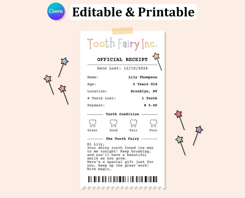 Editable TOOTH FAIRY RECEIPT Printable Certificate, Tooth Fairy Letter ...
