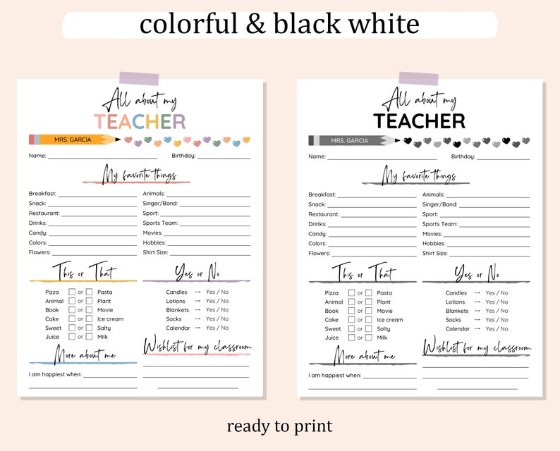 Editable Teacher Survey: All About My Teacher Printable (digital ...