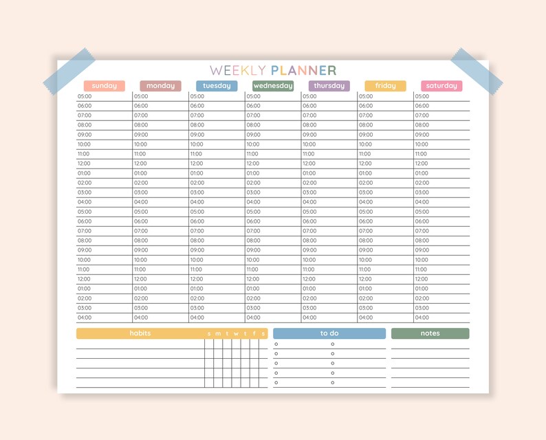 Editable Week at A Glance, Weekly Hourly Planner Printable, to Do List ...