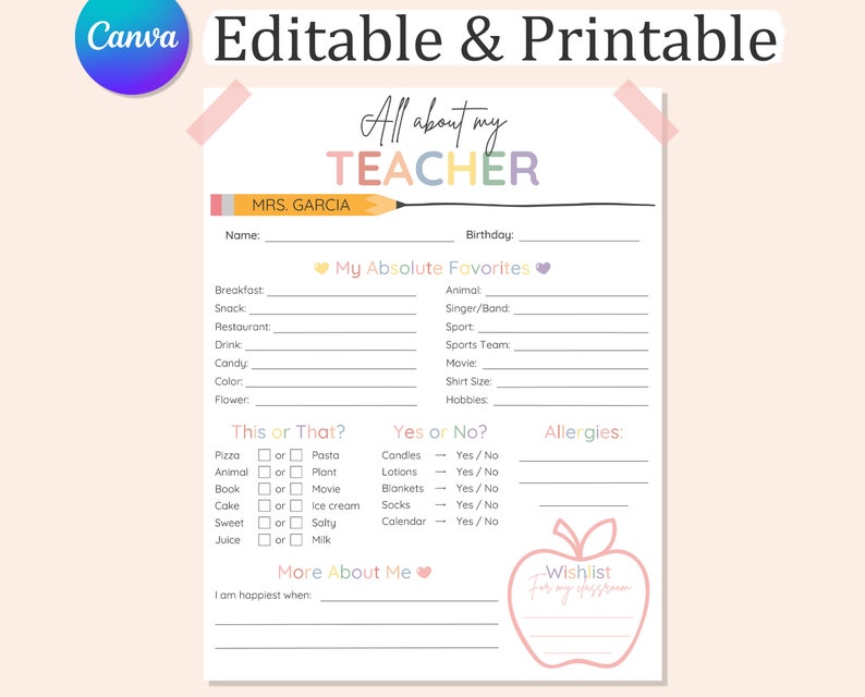Editable TEACHER FAVORITES Things, Printable All About My Teacher ...