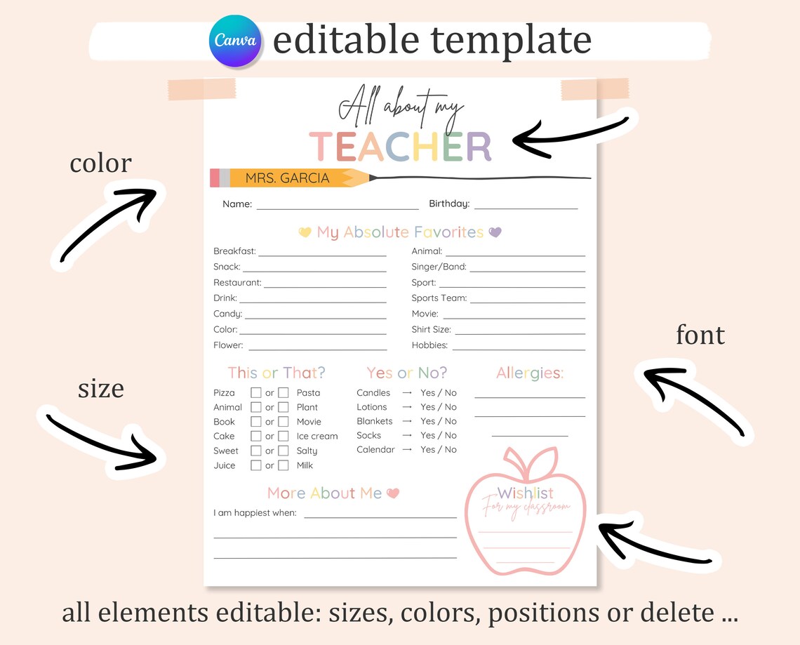 Editable TEACHER FAVORITES Things, Printable All About My Teacher ...