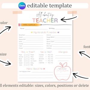 Editable TEACHER FAVORITES Things, Printable All About My Teacher ...