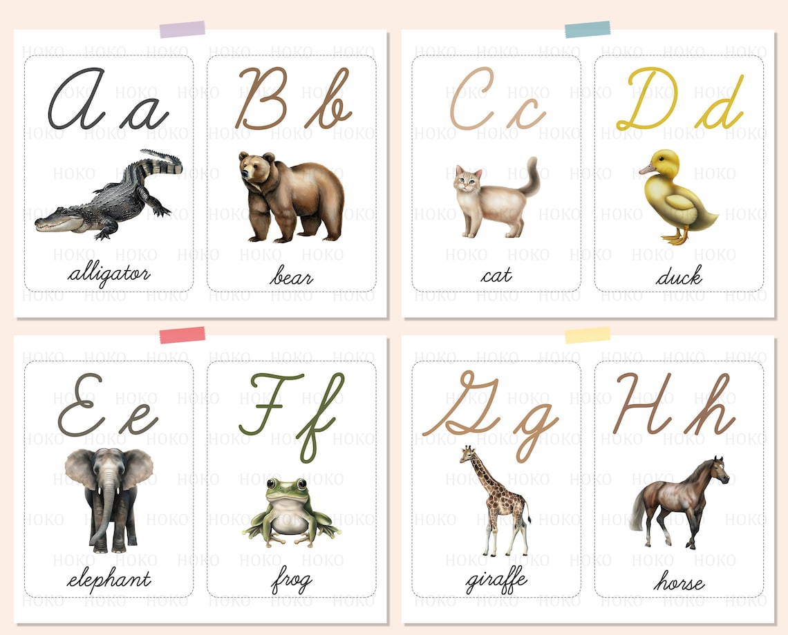 Watercolor Animal Cursive Alphabet Flashcards (PDF Printable) - Etsy