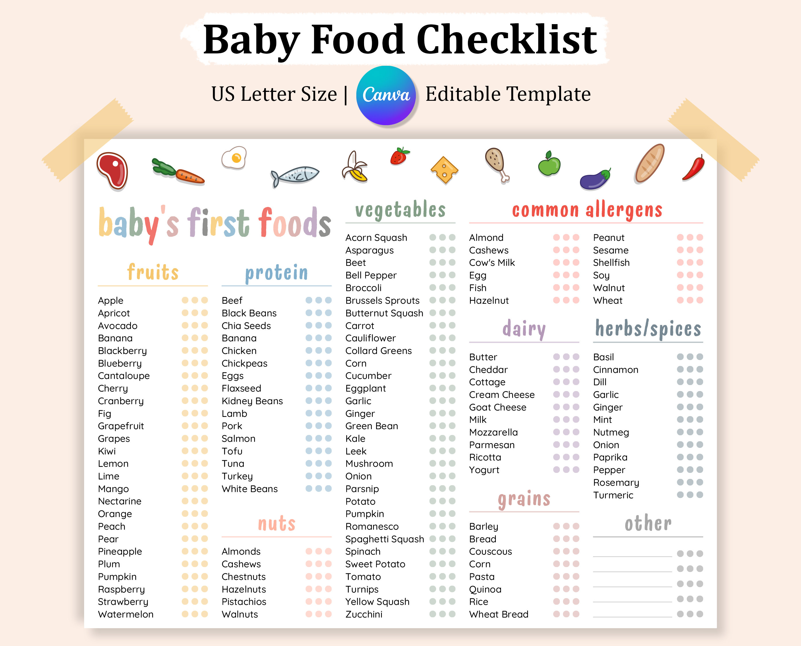 Editable Baby First Food Checklist, Baby Food Tracker, Weaning Chart ... Editable Baby First Food Checklist, Baby Food Tracker, Weaning Chart ...