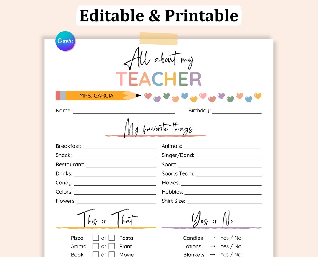 Editable Teacher Survey: All About My Teacher Printable (digital ...