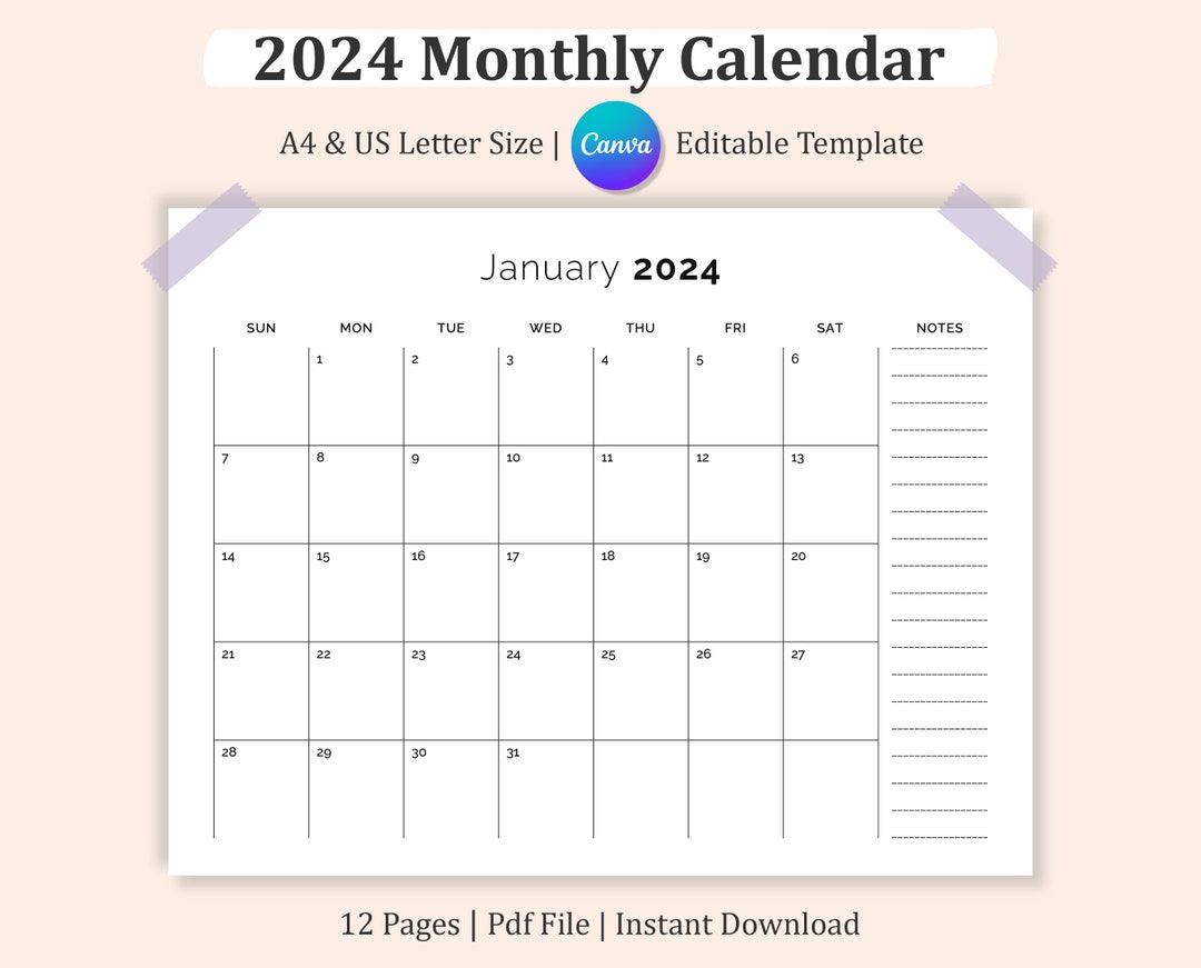 Printable 2024 CALENDAR Landscape Editable Monthly Planner - Etsy Portugal