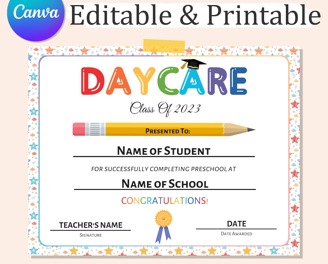 Editable Daycare Graduation Diploma: Printable Certificate (PDF) - Etsy
