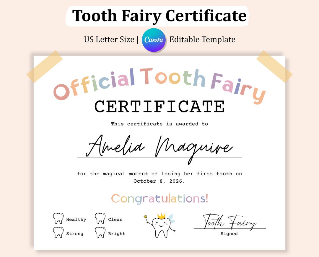 Editable Tooth Fairy Certificate Template: First Lost Tooth (digital ...