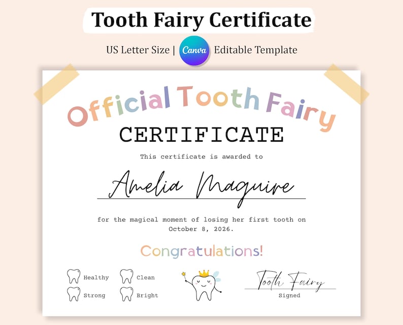 Editable Tooth Fairy Certificate Template: First Lost Tooth (digital ...