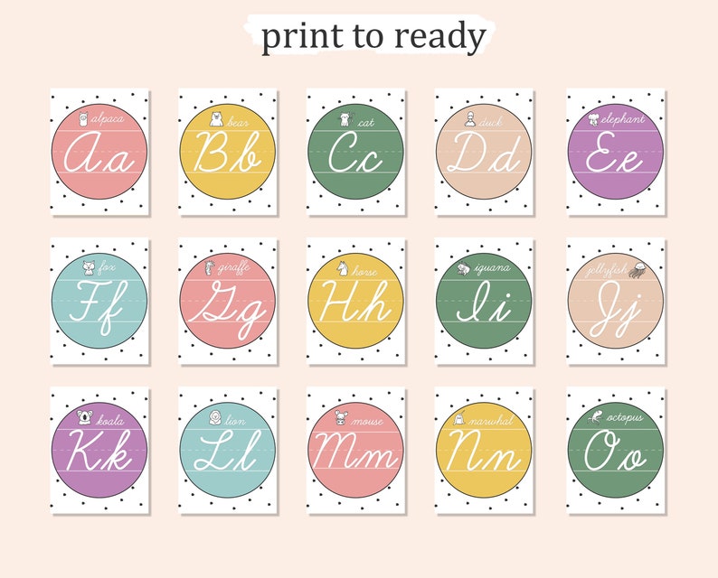 BOHO CURSIVE ALPHABET, Printable Cursive Alphabet Posters, Neutral ...