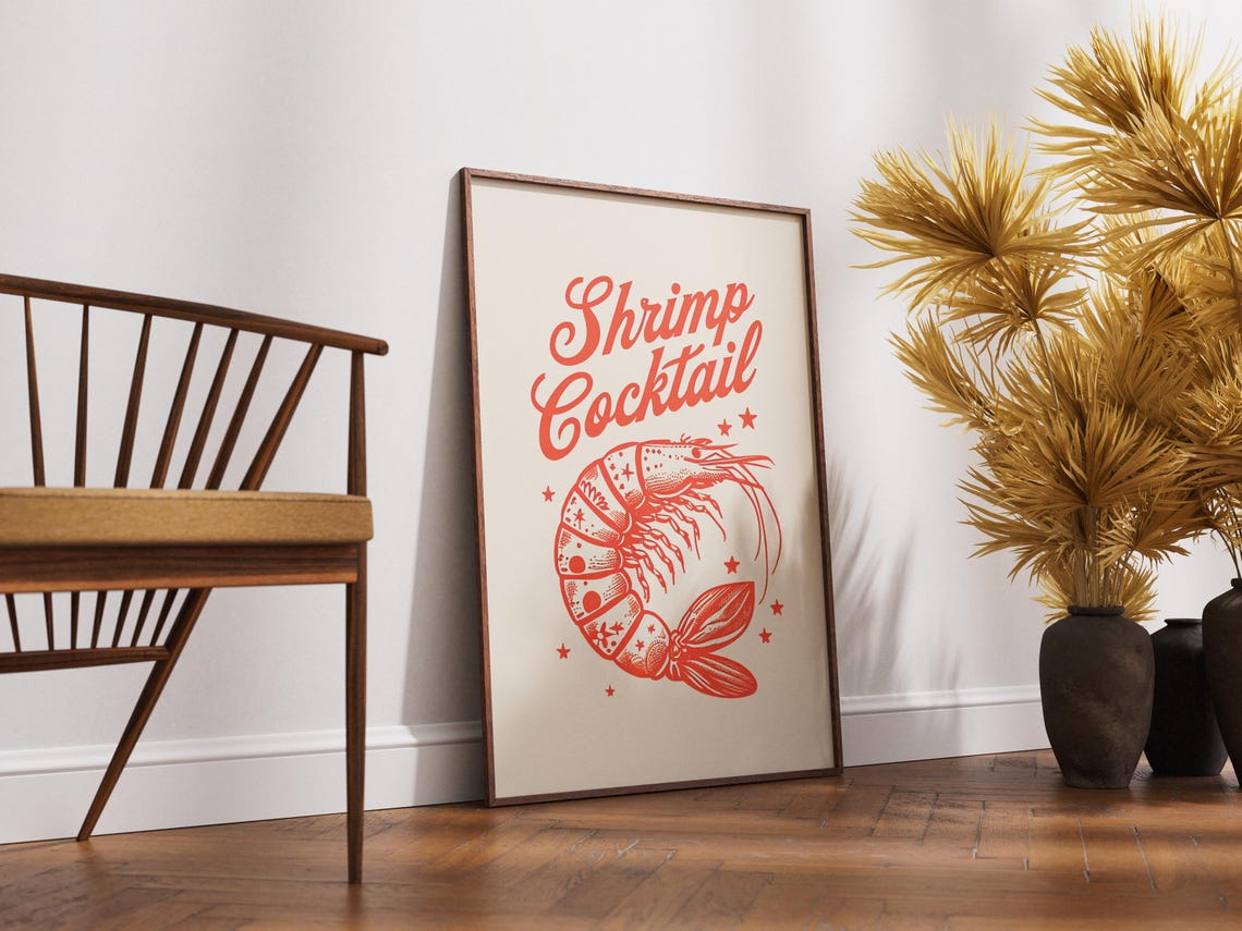 Vintage Shrimp Cocktail Wall Art, Seafood Kitchen Decor, Coastal Poster ...