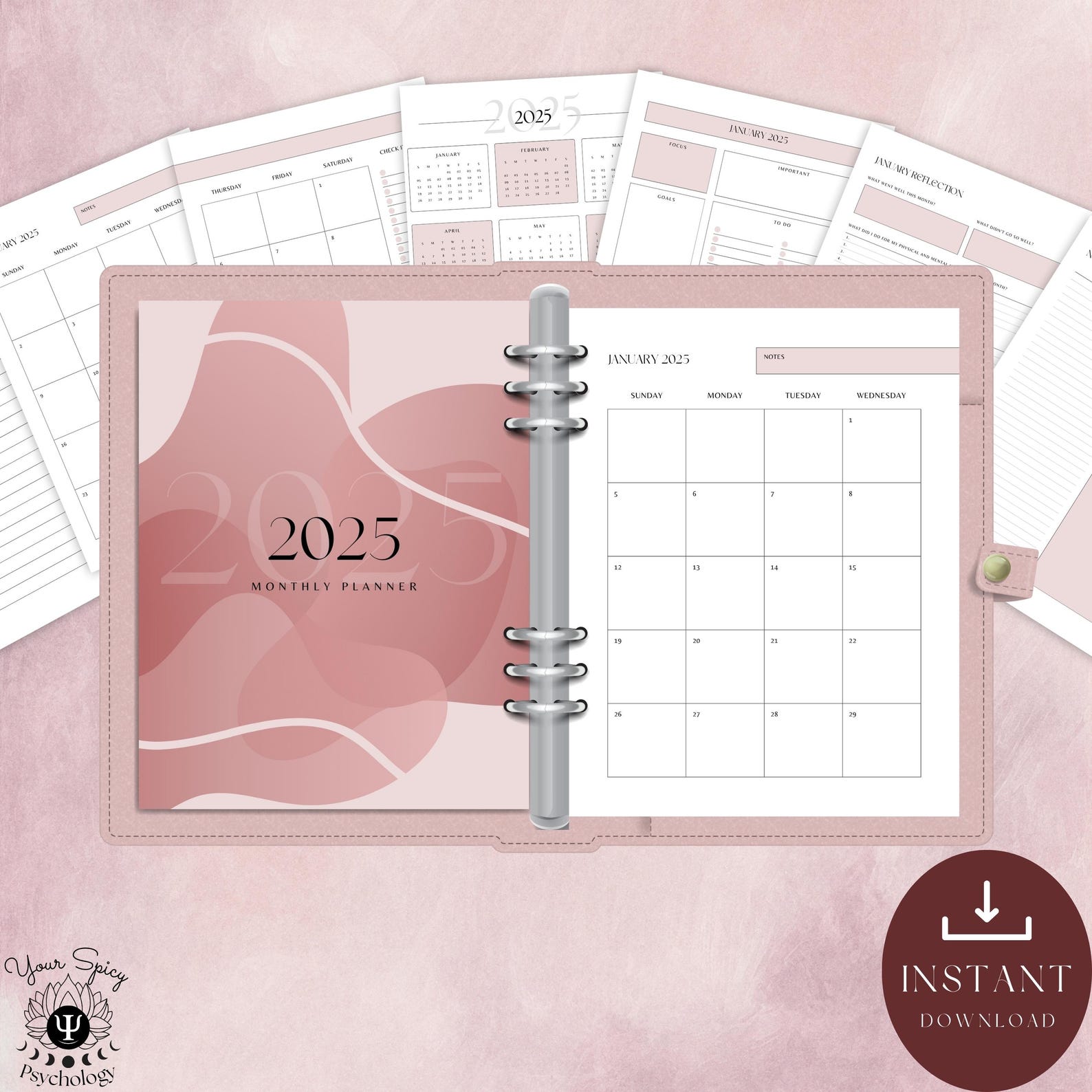 2025 Monthly Printable Planner Month on Two Pages Calendar Sunday Start ...