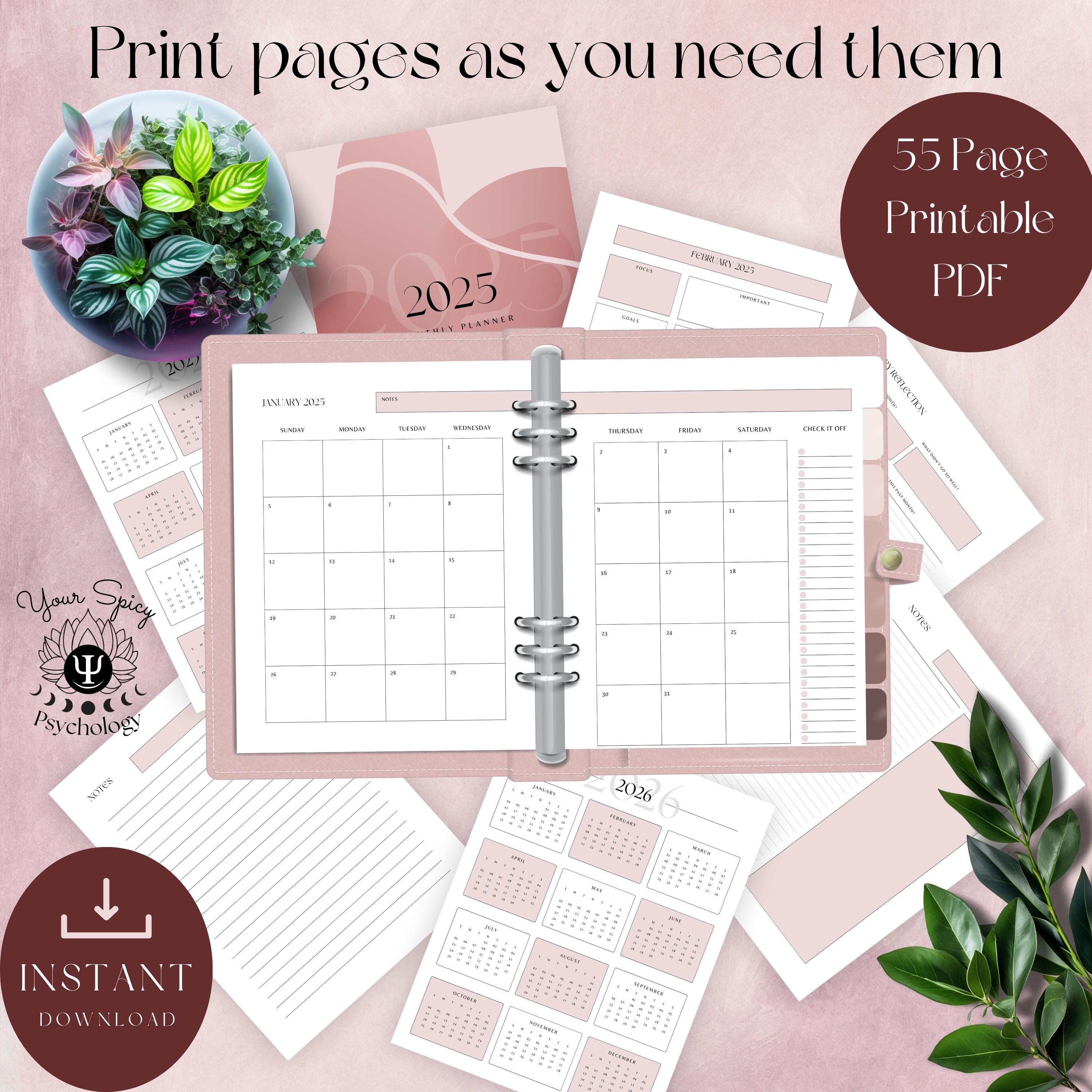2025 Monthly Printable Planner - Month on Two Pages Calendar - Sunday ...