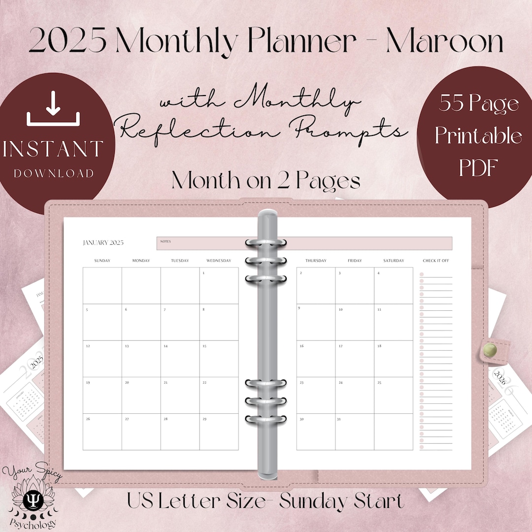 2025 Monthly Printable Planner - Month on Two Pages Calendar - Sunday ...