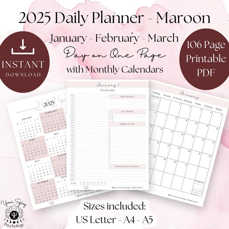 Daily Printable Planner Schedule - 3 Month January - March 2025 - Day ...