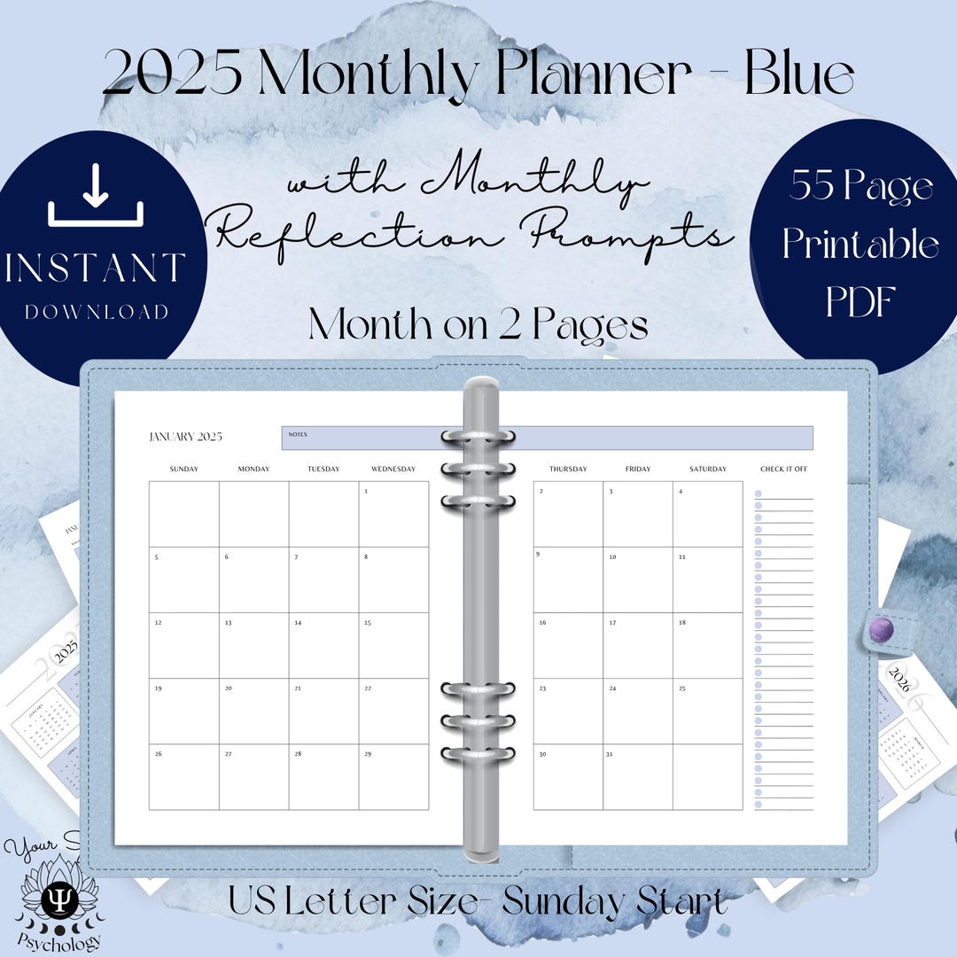 2025 Monthly Printable Planner - Month on Two Pages Calendar - Sunday ...