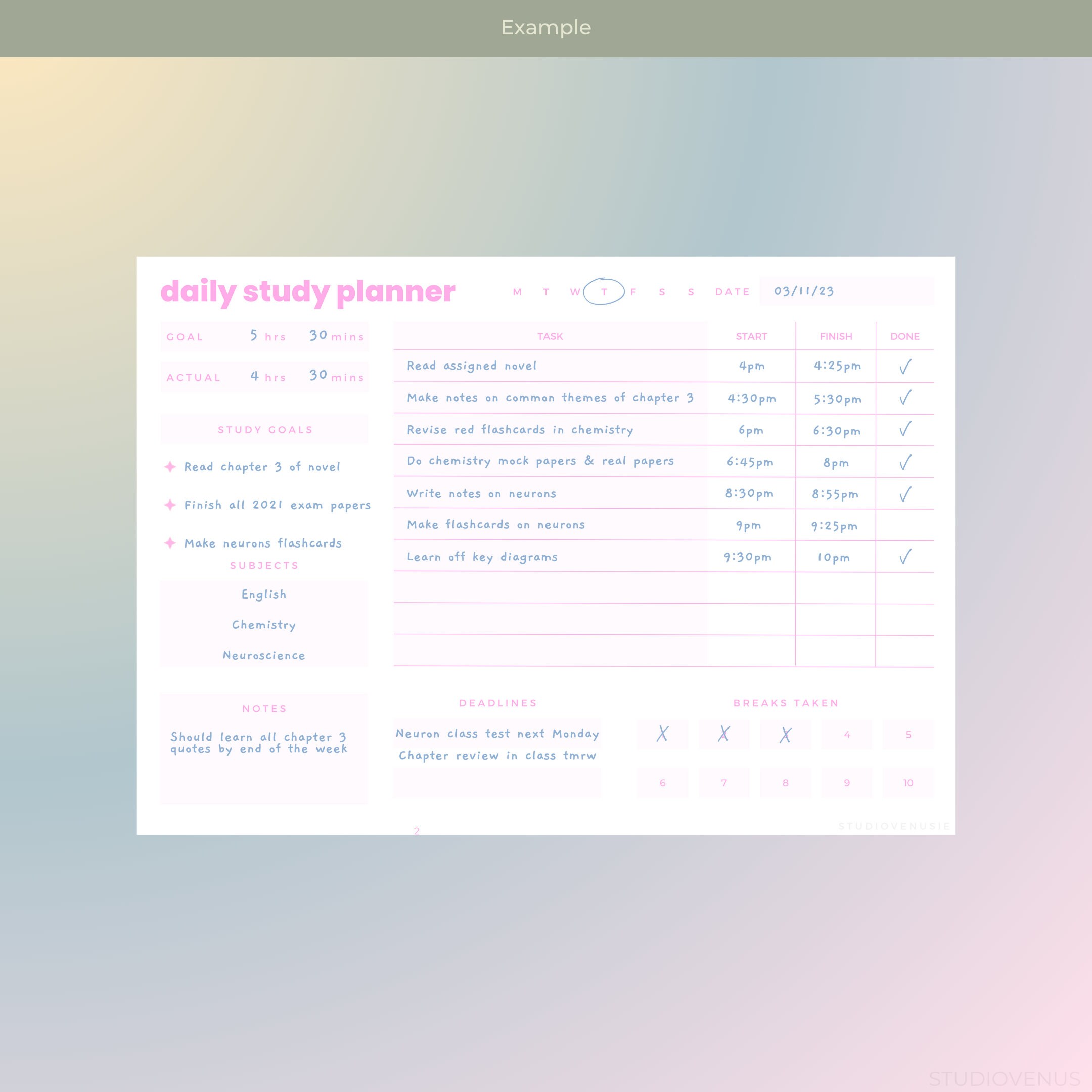 Daily Study Planner for Students Digital Study Planner Template ...