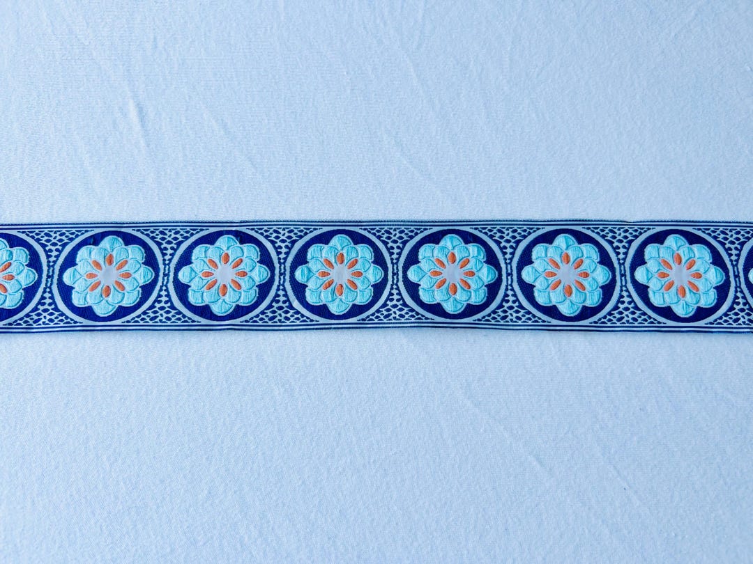 Navy Blue Jacquard Braid. Woven Ribbon Trim. Retro Floral Ribbon 48mm ...