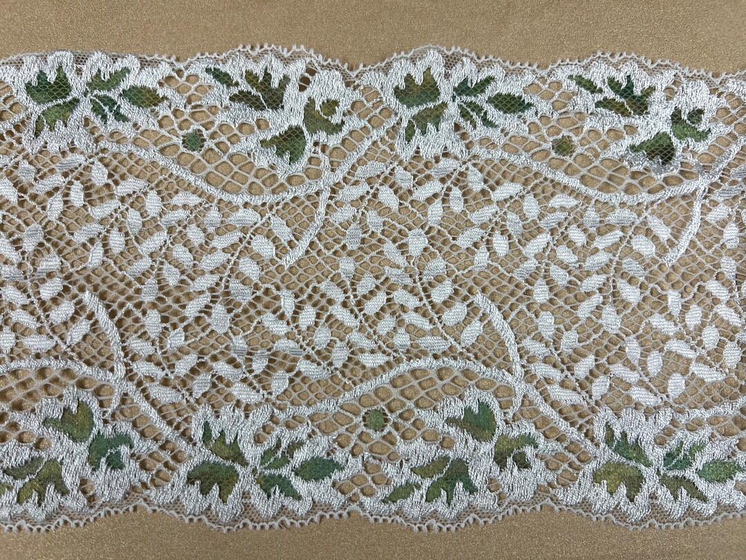 2metre Luxury Ivory & Green Lace Trim, Floral Leaf Lace Trim, Galloon ...