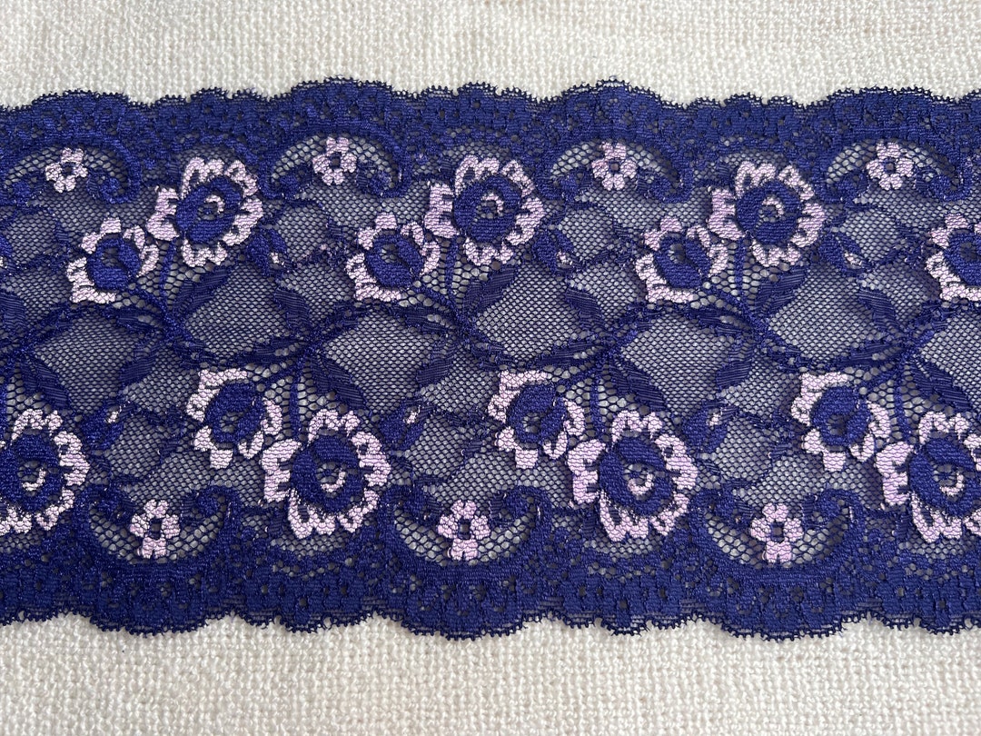 2metres Luxury Navy Blue & Pink Lace Trim, Floral Wide Stretch Lace ...