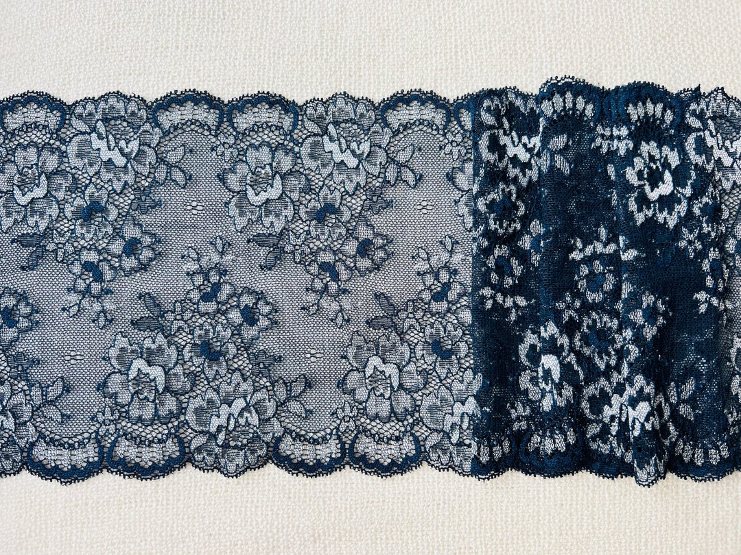 Luxury Navy Blue & Silver Lace Trim, Floral Wide Stretch Lace Trim 7 ...
